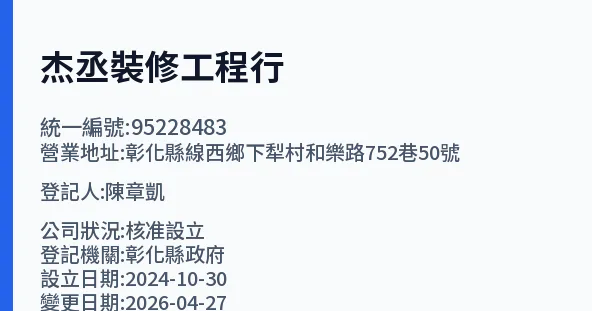 杰丞裝修工程行的照片-統編 95228483(彰化縣) 公司登記資料與營業項目詳細圖表