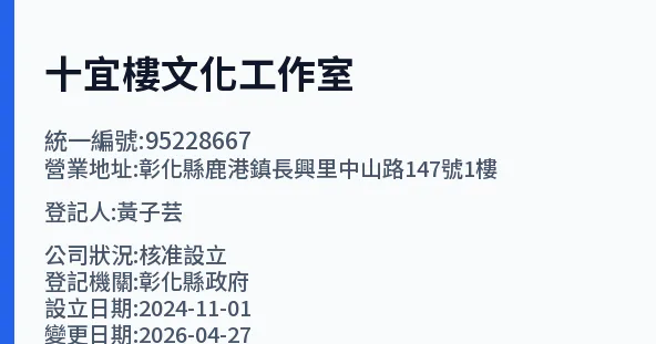 十宜樓文化工作室的照片-統編 95228667(彰化縣) 公司登記資料與營業項目詳細圖表