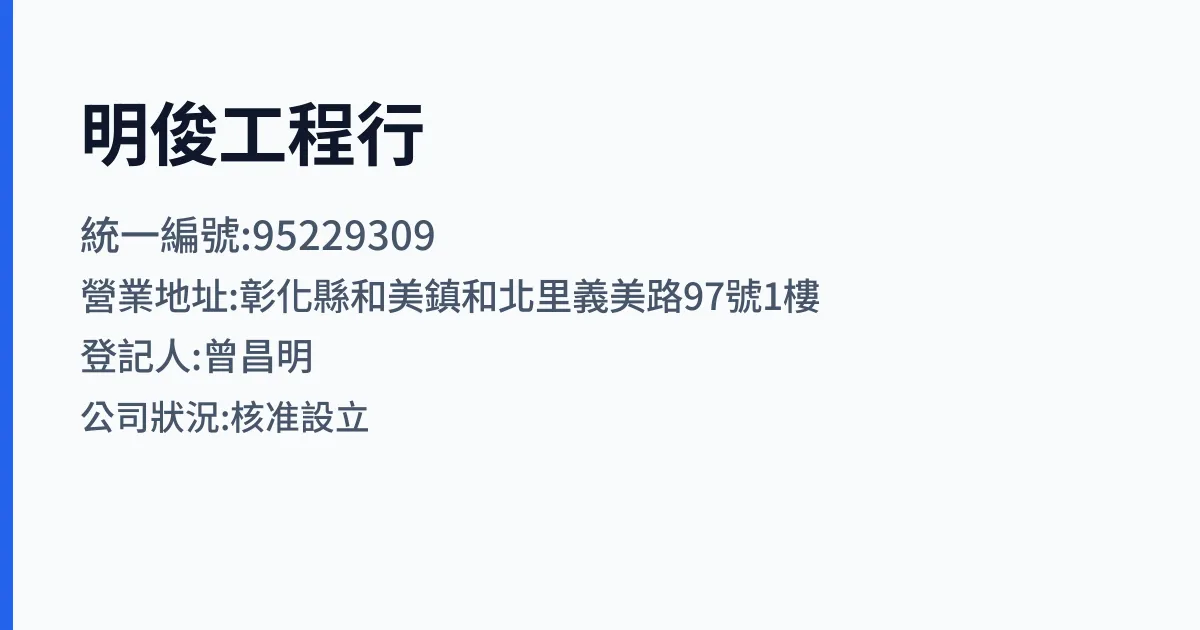 明俊工程行 - 統編 95229309(彰化縣) 公司登記資料與營業項目詳細圖表