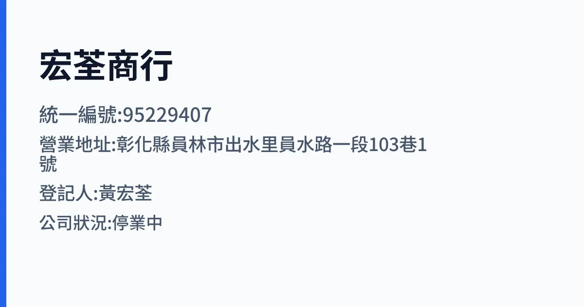 宏荃商行 - 統編 95229407(彰化縣) 公司登記資料與營業項目詳細圖表