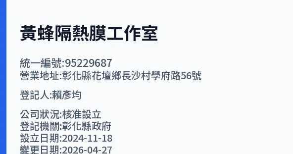 黃蜂隔熱膜工作室的照片-統編 95229687(彰化縣) 公司登記資料與營業項目詳細圖表