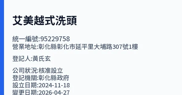 艾美越式洗頭的照片-統編 95229758(彰化縣) 公司登記資料與營業項目詳細圖表