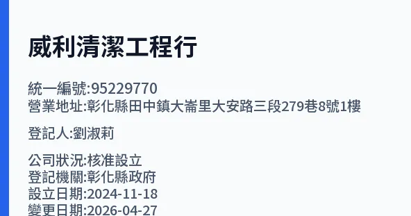 威利清潔工程行的照片-統編 95229770(彰化縣) 公司登記資料與營業項目詳細圖表