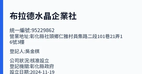 布拉德水晶企業社的照片-統編 95229862(彰化縣) 公司登記資料與營業項目詳細圖表