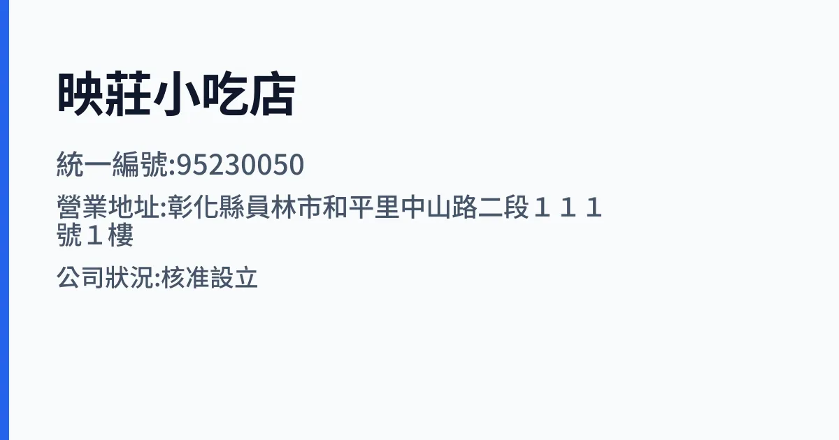 映莊小吃店 - 統編 95230050(彰化縣) 公司登記資料與營業項目詳細圖表