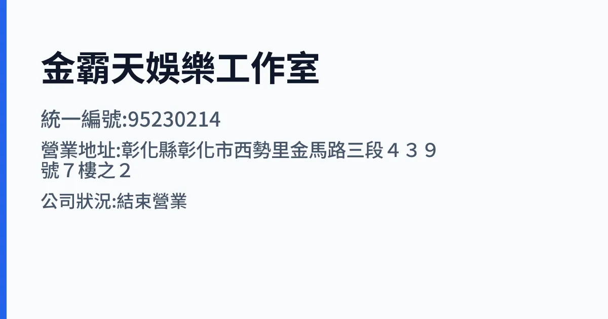 金霸天娛樂工作室 - 統編 95230214(彰化縣) 公司登記資料與營業項目詳細圖表