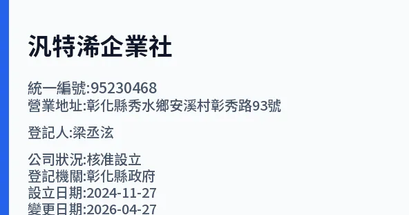 汎特浠企業社的照片-統編 95230468(彰化縣) 公司登記資料與營業項目詳細圖表
