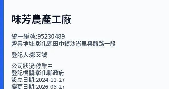 味芳農產工廠的照片-統編 95230489(彰化縣) 公司登記資料與營業項目詳細圖表