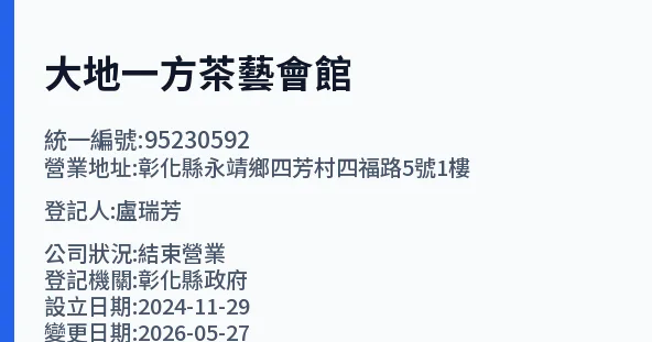大地一方茶藝會館的照片-統編 95230592(彰化縣) 公司登記資料與營業項目詳細圖表