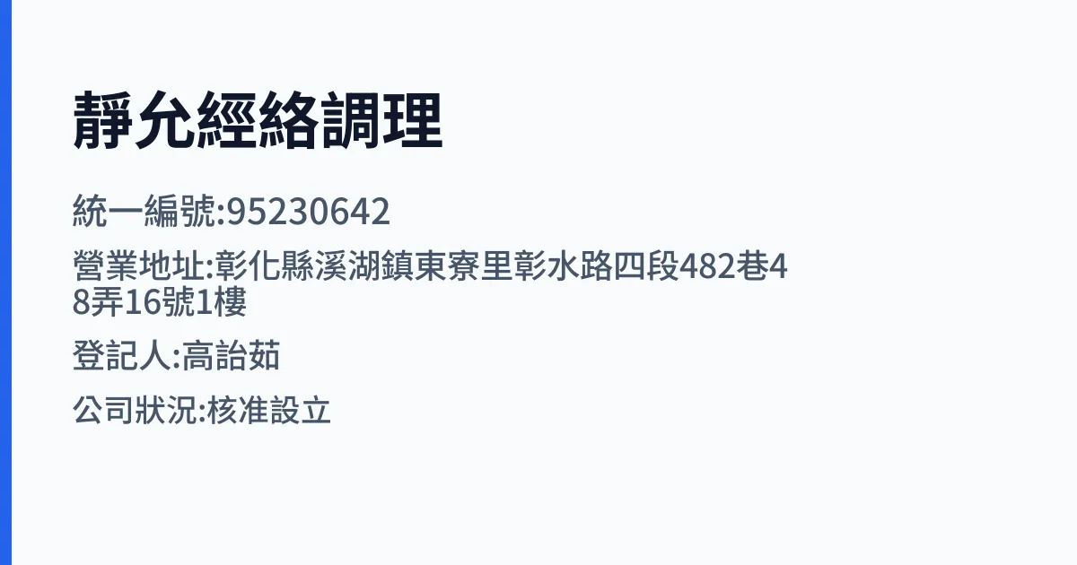 靜允經絡調理 - 統編 95230642(彰化縣) 公司登記資料與營業項目詳細圖表