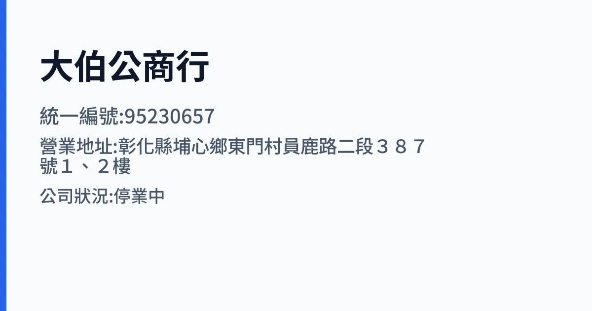 大伯公商行 - 統編 95230657(彰化縣) 公司登記資料與營業項目詳細圖表
