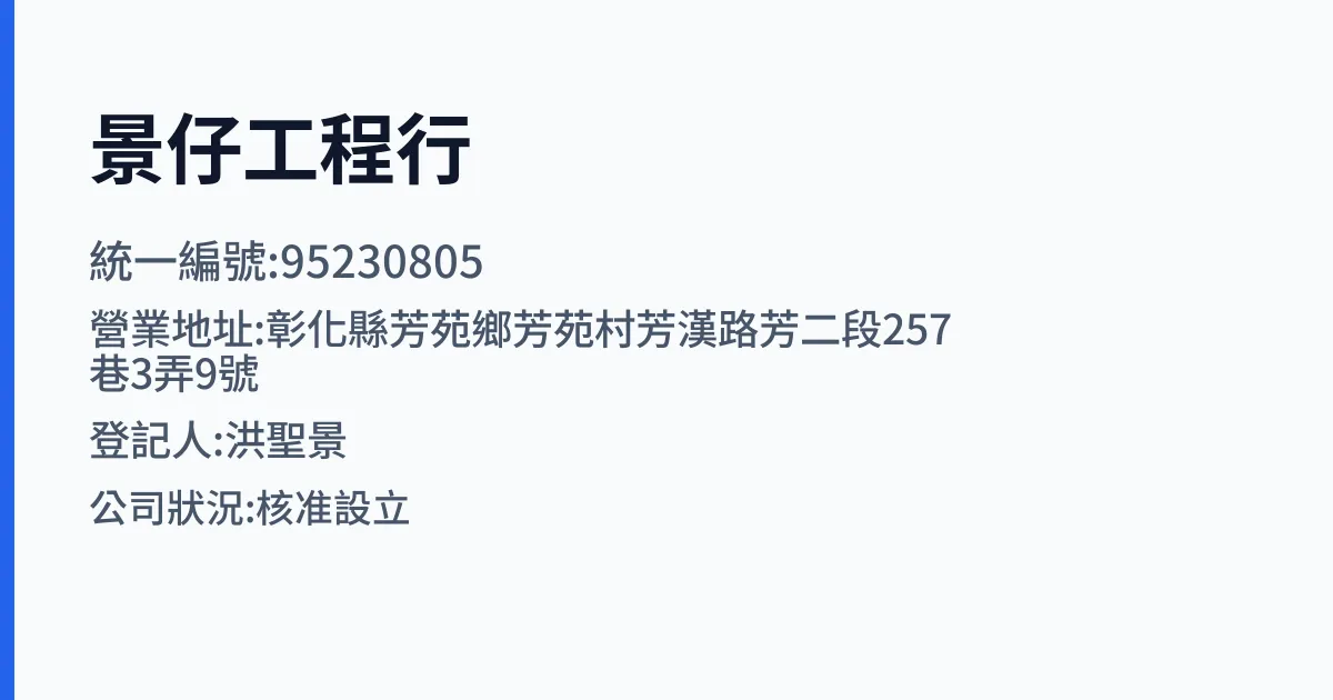 景仔工程行 - 統編 95230805(彰化縣) 公司登記資料與營業項目詳細圖表