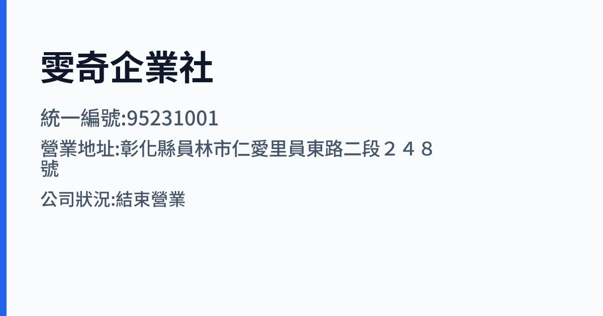 雯奇企業社 - 統編 95231001(彰化縣) 公司登記資料與營業項目詳細圖表