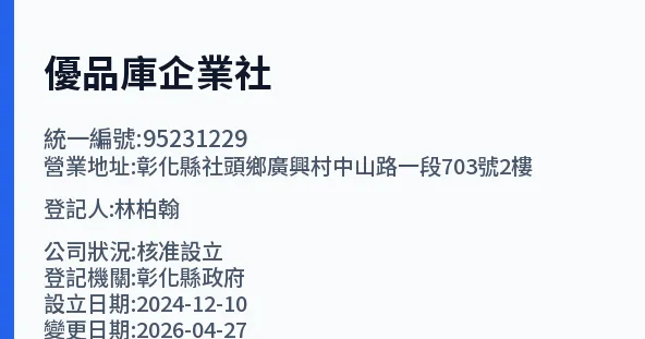 優品庫企業社的照片-統編 95231229(彰化縣) 公司登記資料與營業項目詳細圖表
