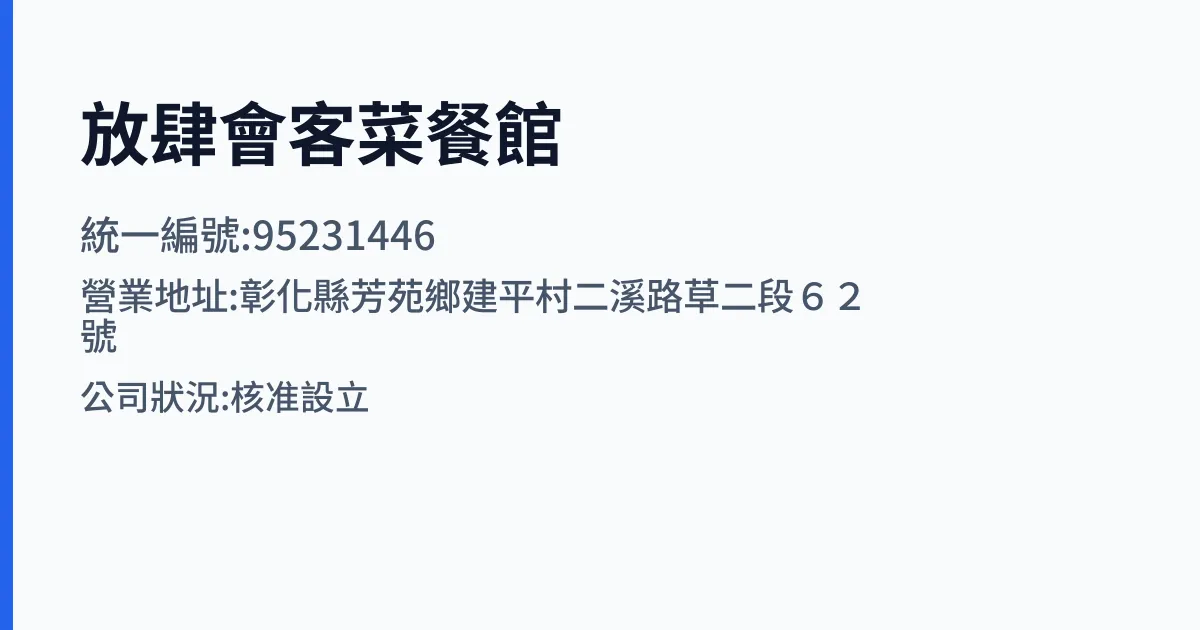 放肆會客菜餐館 - 統編 95231446(彰化縣) 公司登記資料與營業項目詳細圖表