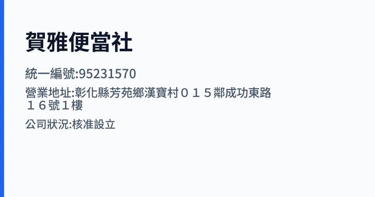 賀雅便當社 - 統編 95231570(彰化縣) 公司登記資料與營業項目詳細圖表