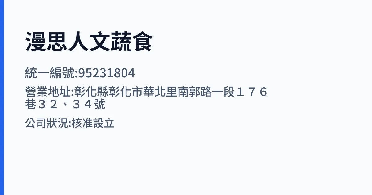 漫思人文蔬食 - 統編 95231804(彰化縣) 公司登記資料與營業項目詳細圖表