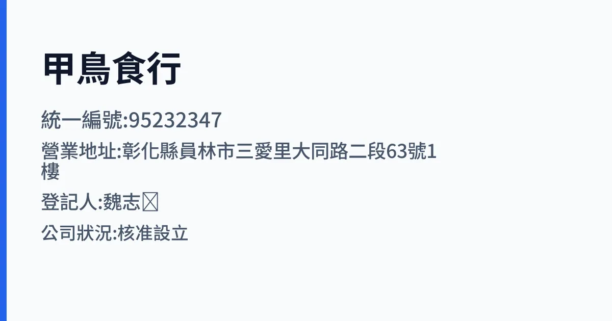 甲鳥食行 - 統編 95232347（彰化縣） 公司登記資料與營業項目詳細圖表