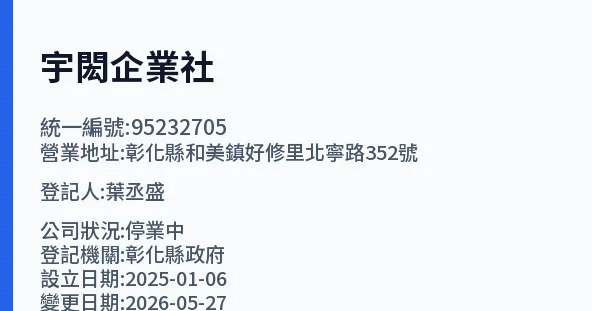 宇閎企業社的照片-統編 95232705(彰化縣) 公司登記資料與營業項目詳細圖表