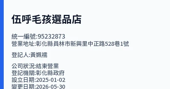 伍呼毛孩選品店的照片-統編 95232873(彰化縣) 公司登記資料與營業項目詳細圖表