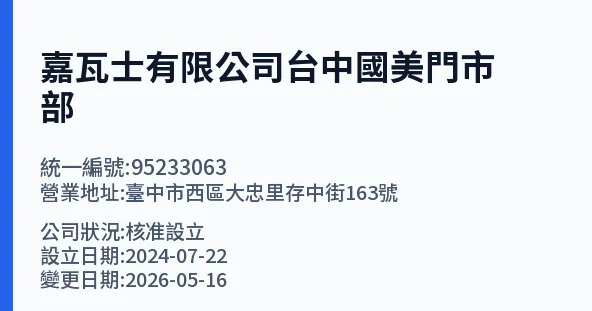 嘉瓦士有限公司台中國美門市部的照片-統編 95233063(臺中市) 公司登記資料與營業項目詳細圖表