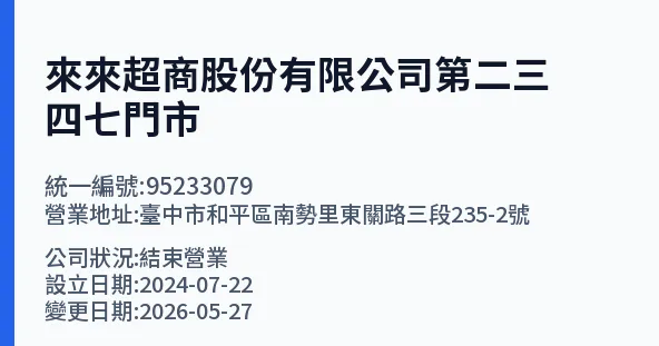 來來超商股份有限公司第二三四七門市的照片-統編 95233079(臺中市) 公司登記資料與營業項目詳細圖表