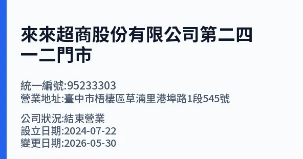 來來超商股份有限公司第二四一二門市的照片-統編 95233303(臺中市) 公司登記資料與營業項目詳細圖表