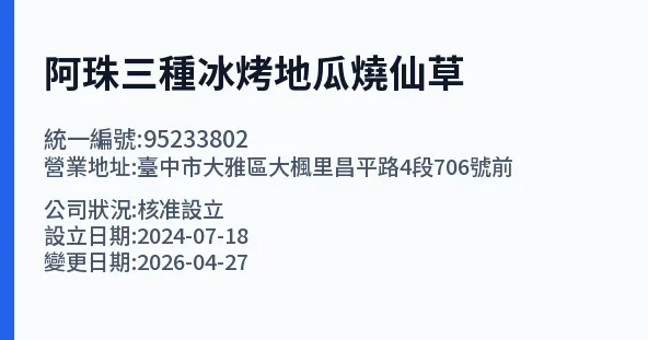 阿珠三種冰烤地瓜燒仙草的照片-統編 95233802(臺中市) 公司登記資料與營業項目詳細圖表