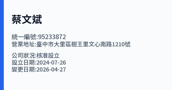 蔡文斌的照片-統編 95233872(臺中市) 公司登記資料與營業項目詳細圖表