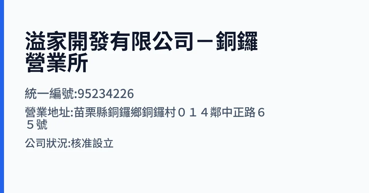 溢家開發有限公司-銅鑼營業所 - 統編 95234226(苗栗縣) 公司登記資料與營業項目詳細圖表