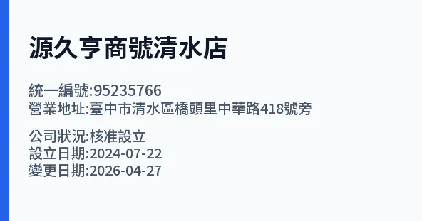 源久亨商號清水店的照片-統編 95235766(臺中市) 公司登記資料與營業項目詳細圖表