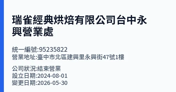 瑞雀經典烘焙有限公司台中永興營業處的照片-統編 95235822(臺中市) 公司登記資料與營業項目詳細圖表