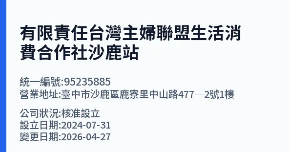 有限責任台灣主婦聯盟生活消費合作社沙鹿站的照片-統編 95235885(臺中市) 公司登記資料與營業項目詳細圖表