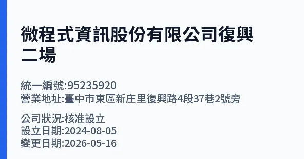微程式資訊股份有限公司復興二場的照片-統編 95235920(臺中市) 公司登記資料與營業項目詳細圖表