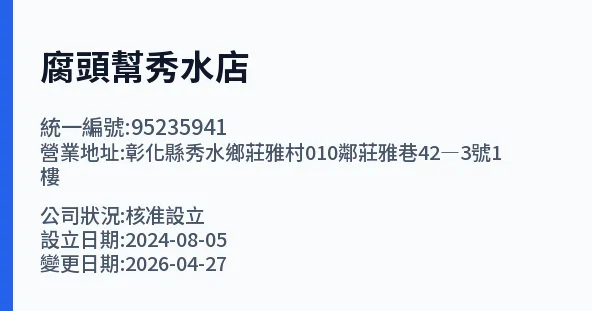 腐頭幫秀水店的照片-統編 95235941(彰化縣) 公司登記資料與營業項目詳細圖表