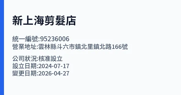 新上海剪髮店的照片-統編 95236006(雲林縣) 公司登記資料與營業項目詳細圖表