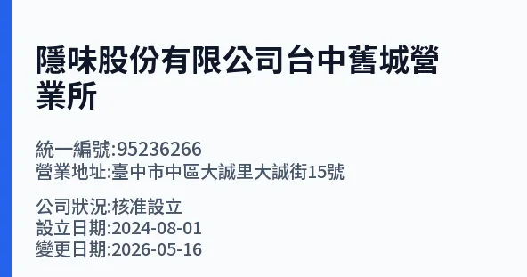 隱味股份有限公司台中舊城營業所的照片-統編 95236266(臺中市) 公司登記資料與營業項目詳細圖表