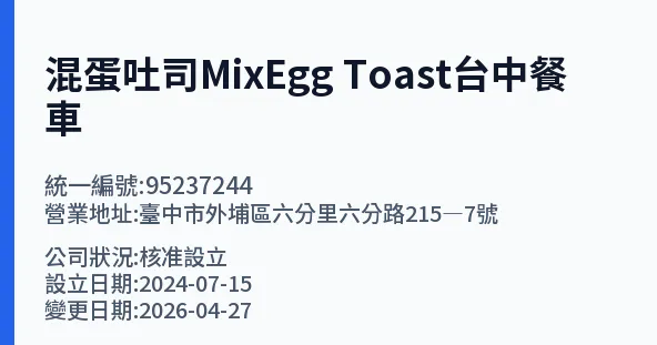 混蛋吐司MixEgg Toast台中餐車的照片-統編 95237244(臺中市) 公司登記資料與營業項目詳細圖表
