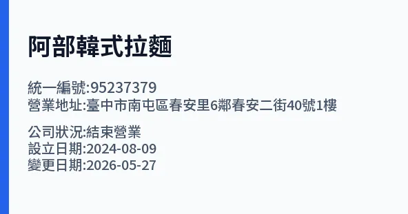 阿部韓式拉麵的照片-統編 95237379(臺中市) 公司登記資料與營業項目詳細圖表
