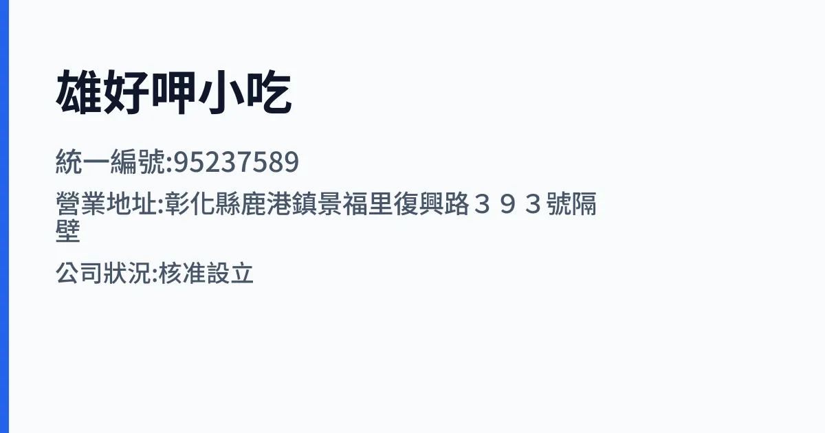 雄好呷小吃 - 統編 95237589(彰化縣) 公司登記資料與營業項目詳細圖表