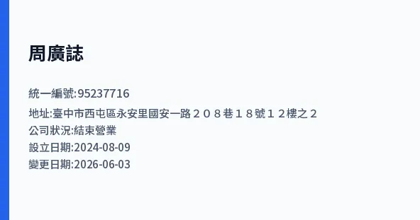 周廣誌的照片-統編 95237716(臺中市) 公司登記資料與營業項目詳細圖表