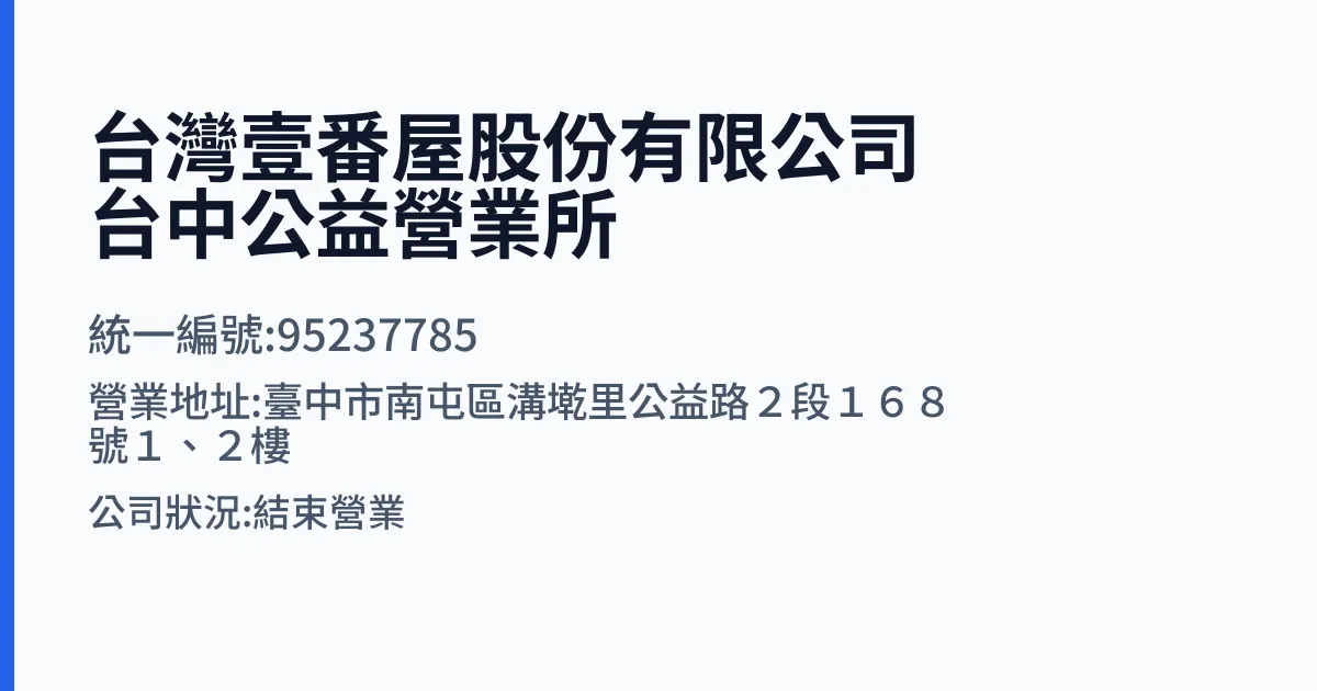 台灣壹番屋股份有限公司台中公益營業所 - 統編 95237785(臺中市) 公司登記資料與營業項目詳細圖表