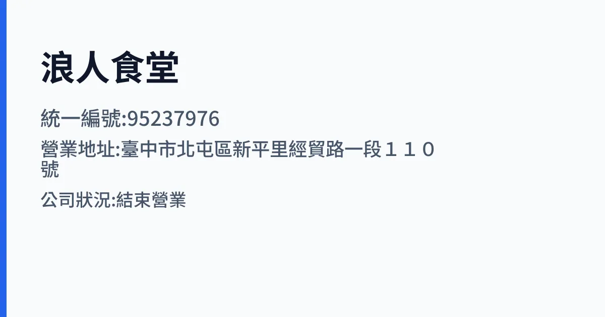 浪人食堂 - 統編 95237976(臺中市) 公司登記資料與營業項目詳細圖表