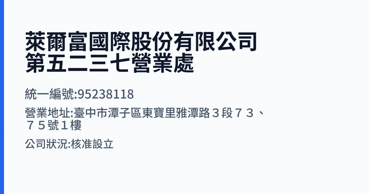 萊爾富國際股份有限公司第五二三七營業處 - 統編 95238118(臺中市) 公司登記資料與營業項目詳細圖表