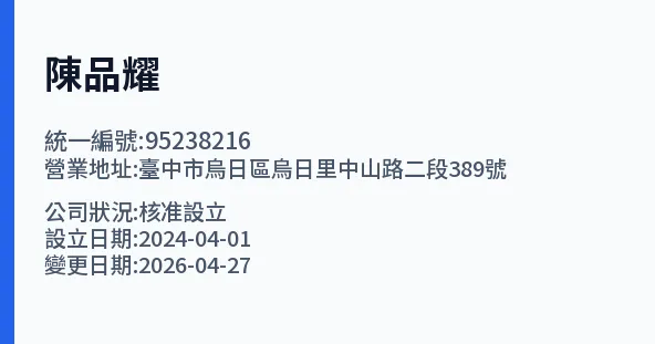 陳品耀的照片-統編 95238216(臺中市) 公司登記資料與營業項目詳細圖表