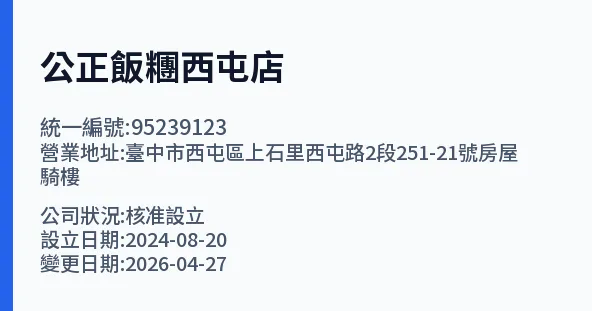 公正飯糰西屯店的照片-統編 95239123(臺中市) 公司登記資料與營業項目詳細圖表
