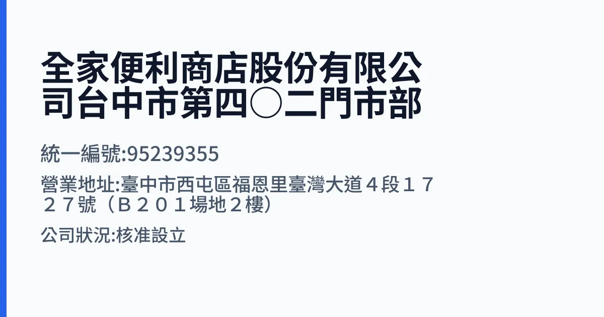 全家便利商店股份有限公司台中市第四○二門市部 - 統編 95239355(臺中市) 公司登記資料與營業項目詳細圖表