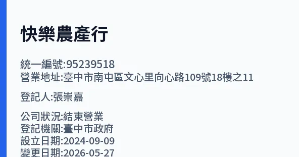 快樂農產行的照片-統編 95239518(臺中市) 公司登記資料與營業項目詳細圖表