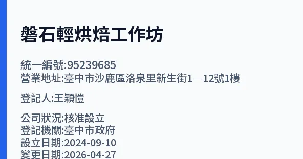 磐石輕烘焙工作坊的照片-統編 95239685(臺中市) 公司登記資料與營業項目詳細圖表