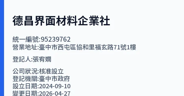 德昌界面材料企業社的照片-統編 95239762(臺中市) 公司登記資料與營業項目詳細圖表